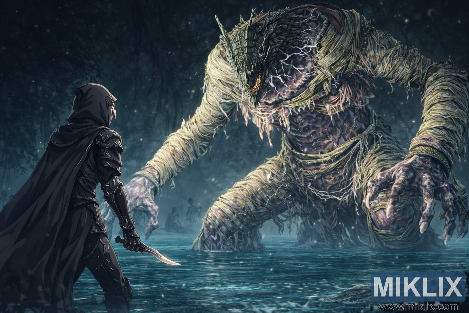 Obraz: Tarnished staje twarzą w twarz z kolosalnym żołnierzem-smokiem ...