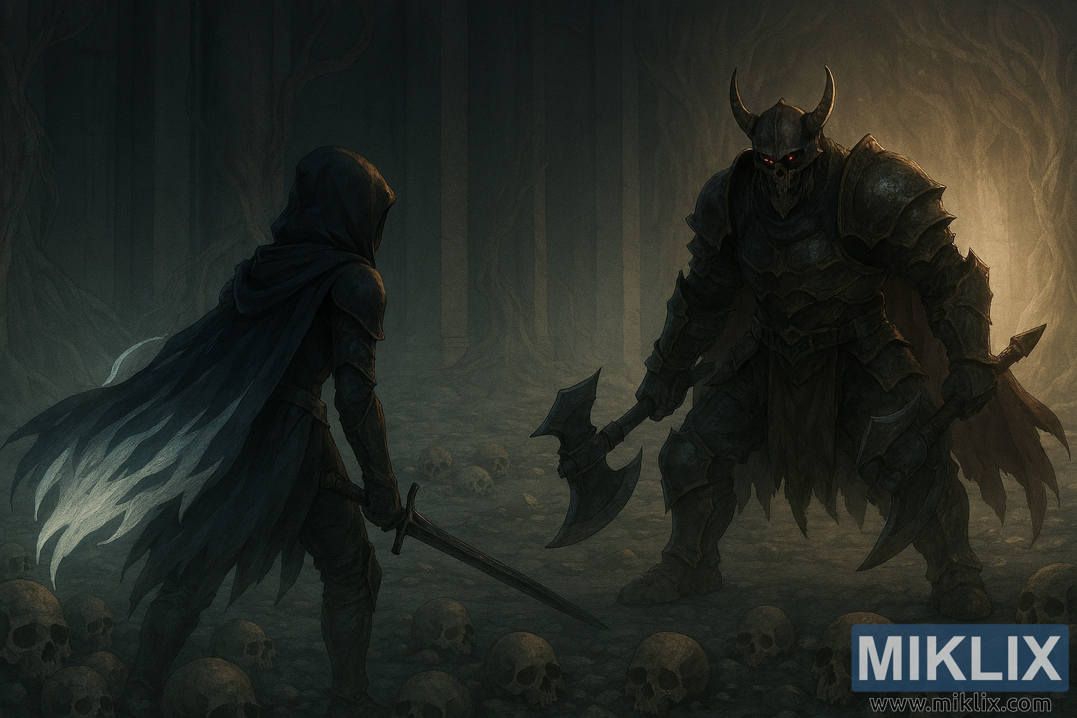 Image: Tarnished vs Death Knight – Realistic Fog Rift Standoff - Miklix