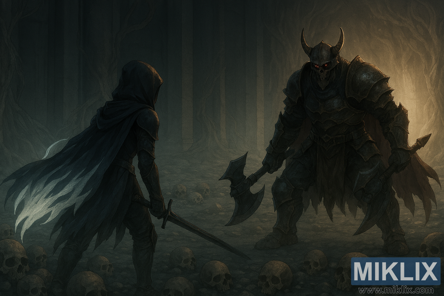 Image: Tarnished vs Death Knight – Realistic Fog Rift Standoff - Miklix