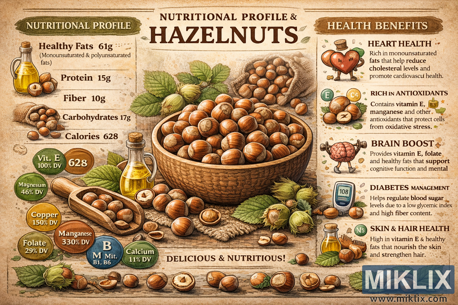 Kuva: Hasselpähkinät ravintosisältö ja terveyshyödyt - Miklix