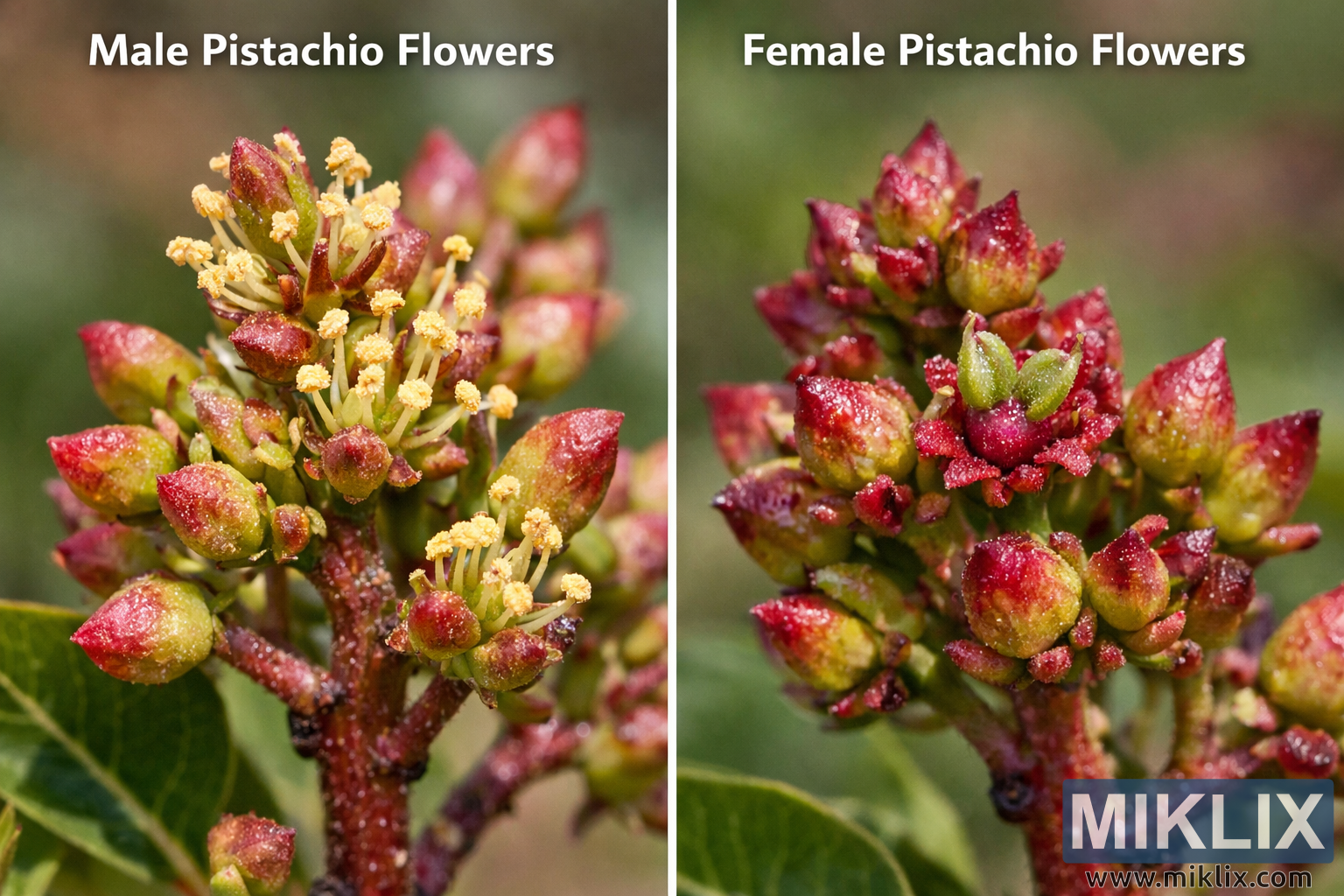 Picha: Maua ya Pistachio ya Kiume na Kike Yakilinganishwa - Miklix