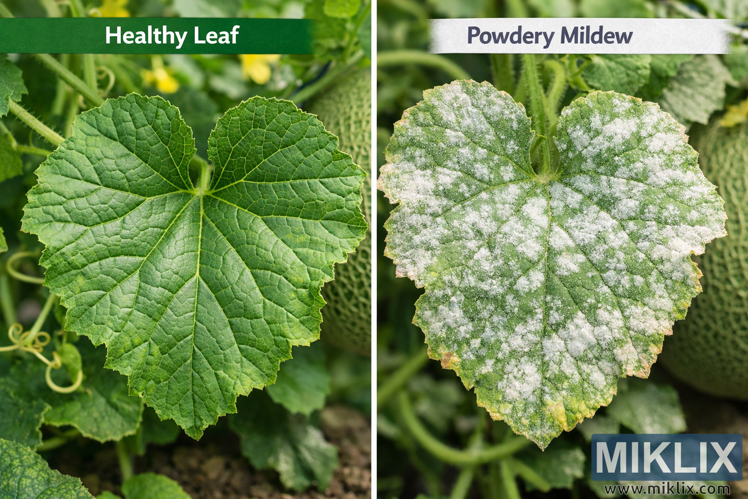 Image: Healthy vs Powdery Mildew–Infected Cantaloupe Leaf - Miklix