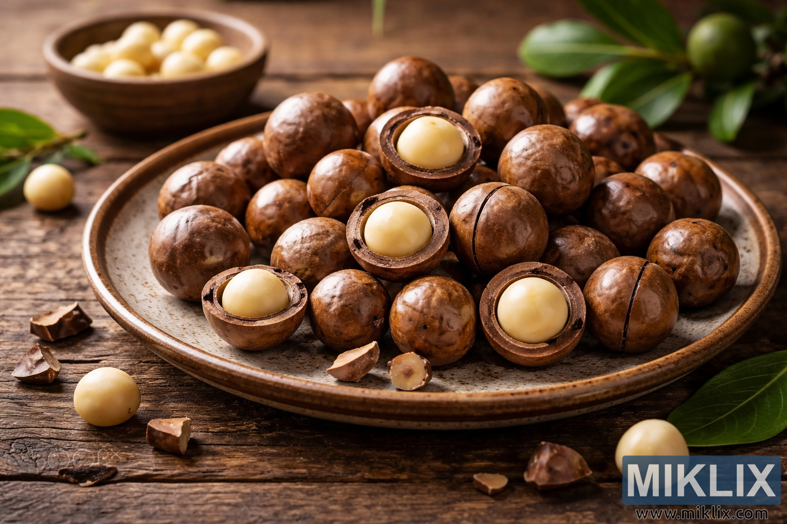 Image: Macadamia Nuts on a Rustic Wooden Table - Miklix