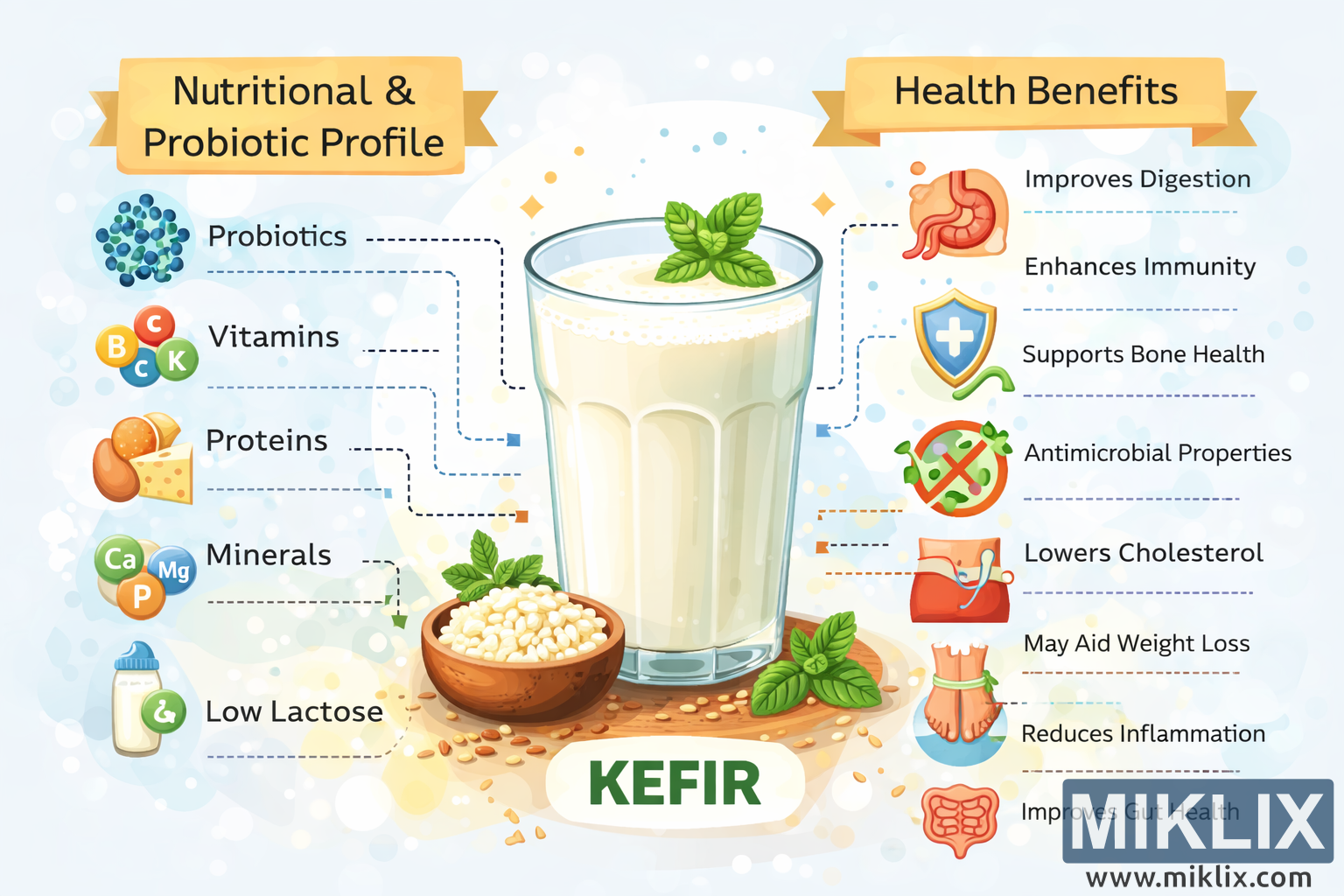Imazh: Infografik i Profilit Ushqyes dhe Probiotik të Kefirit - Miklix