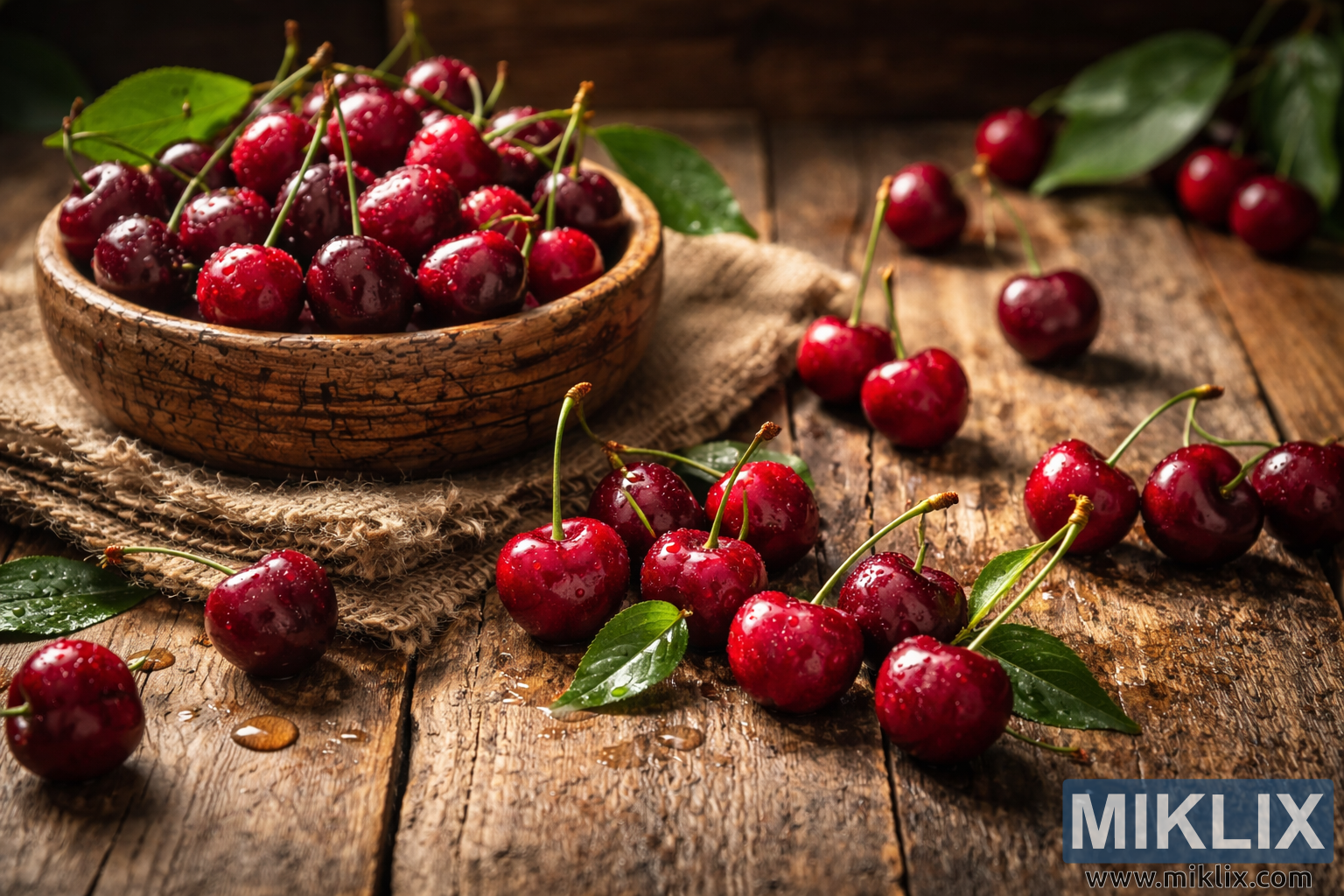 Image : Cerises mûres sur une table rustique en bois - Miklix