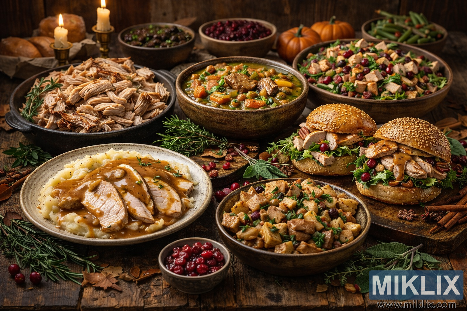 Image : Assiette rustique de plats de dinde sur une table en bois - Miklix