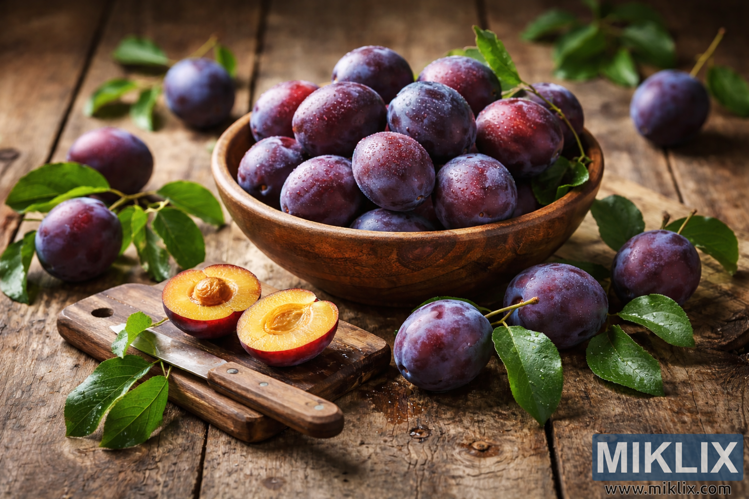 Image: Ripe Plums with Rustic Cutting Board - Miklix