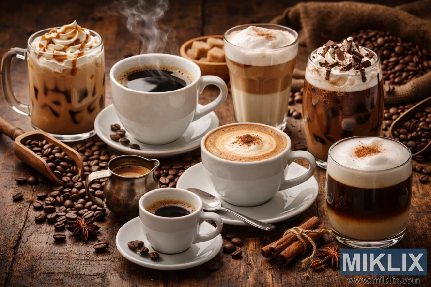 Image: Assortment of Coffee Drinks on Rustic Table - Miklix