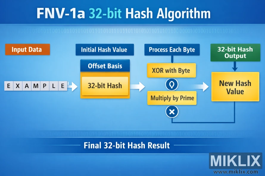 Imagem: Visão Geral do Algoritmo de Hash FNV-1a de 32 bits - Miklix