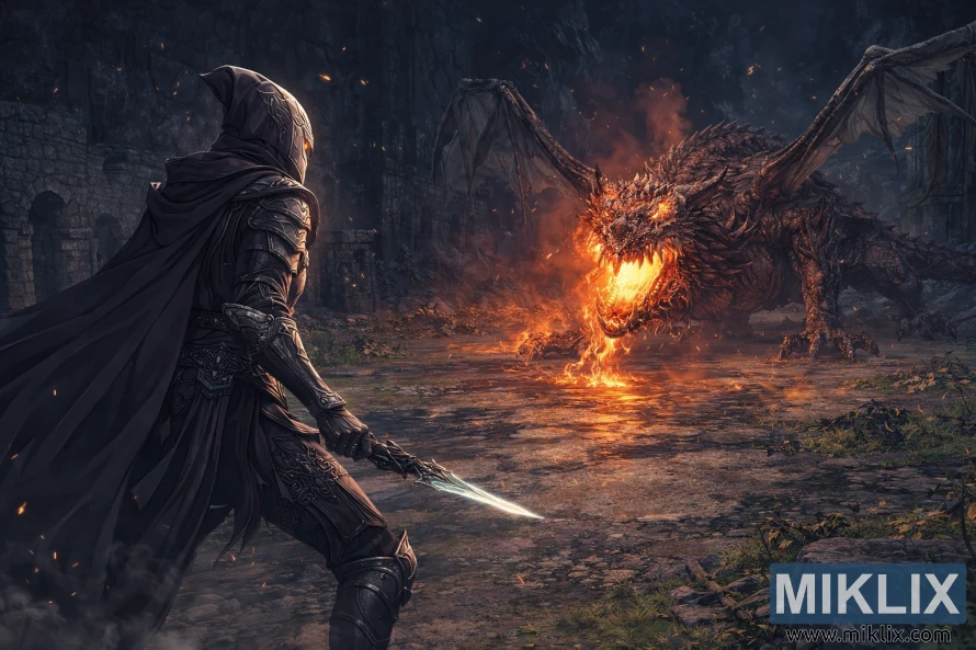 Image: Tarnished and Magma Wyrm Makar: The Calm Before Battle - Miklix