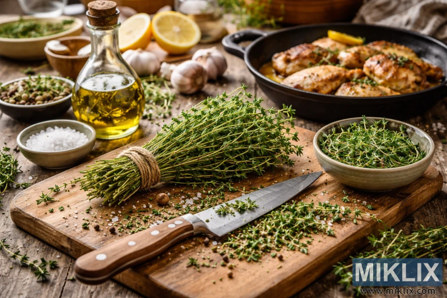 Imagem: Tomilho fresco em preparações rústicas de culinária. - Miklix
