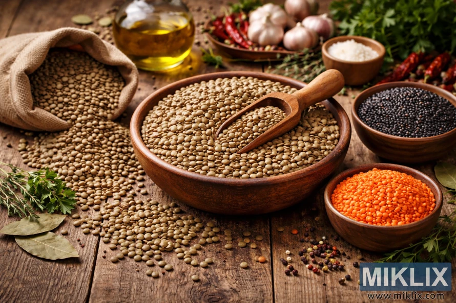 Image: Rustic Lentils Still Life on Wooden Table - Miklix