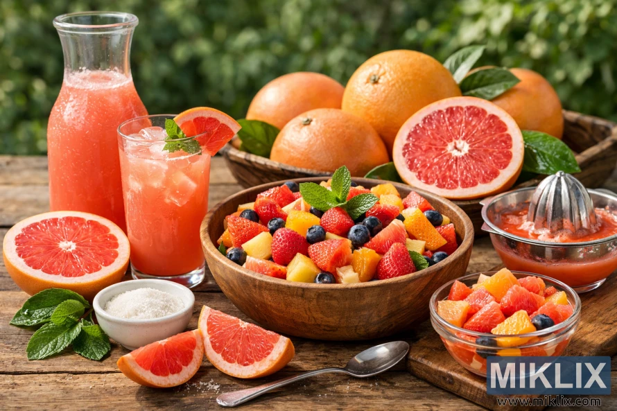 Image: Fresh Grapefruit Juice and Fruit Salad in a Rustic Outdoor ...