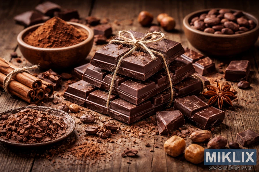 Image: Artisan Dark Chocolate on Rustic Wooden Table - Miklix