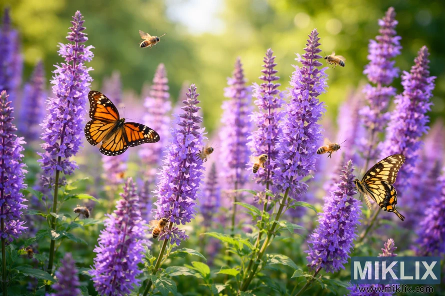 Imagem: Flores de Sálvia Vivas com Abelhas e Borboletas - Miklix
