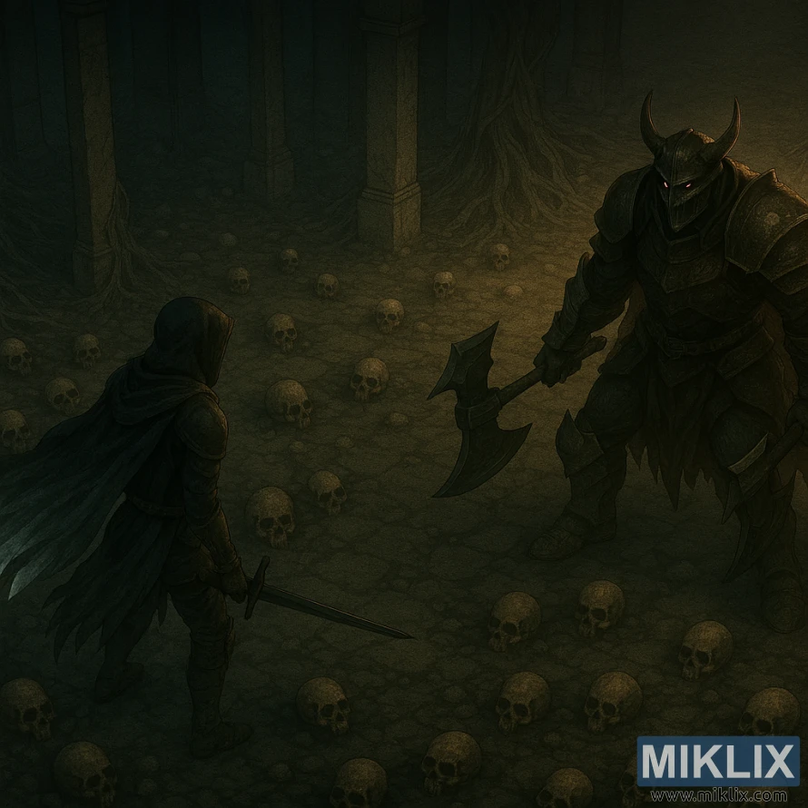 Image: Isometric Duel in Fog Rift Catacombs - Miklix