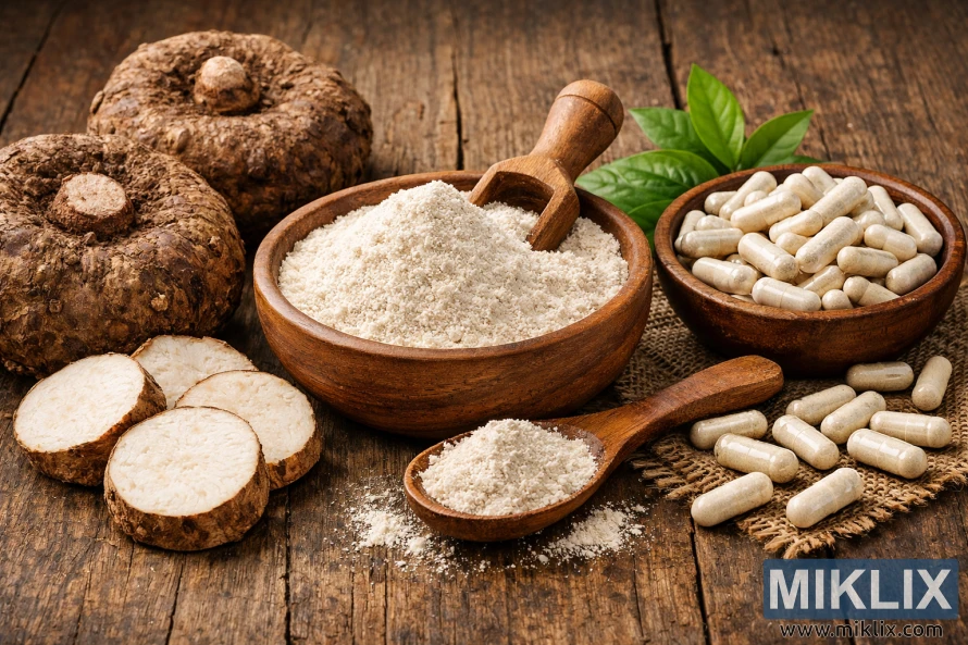 Image: Glucomannan Roots, Powder and Capsules on Rustic Wood - Miklix