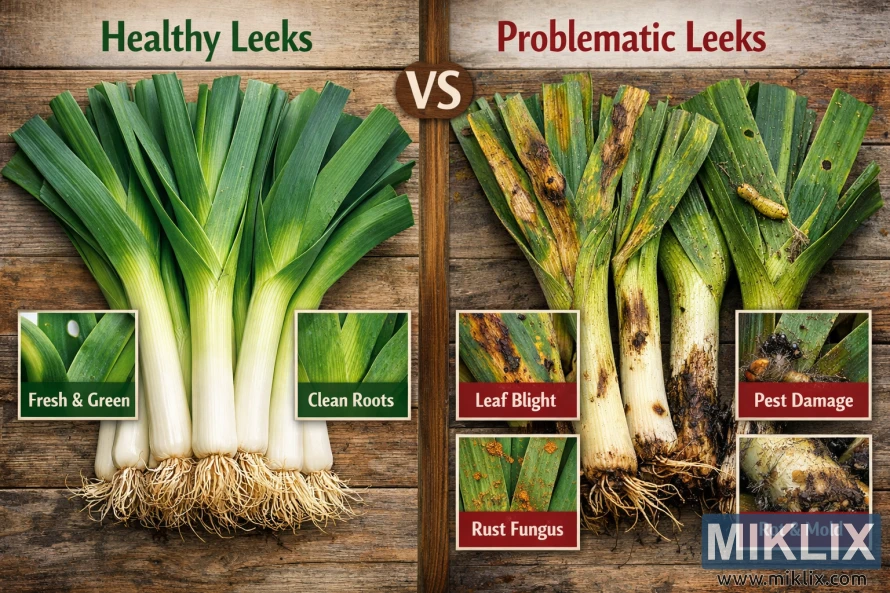 Image: Healthy vs Problematic Leeks: A Visual Comparison - Miklix