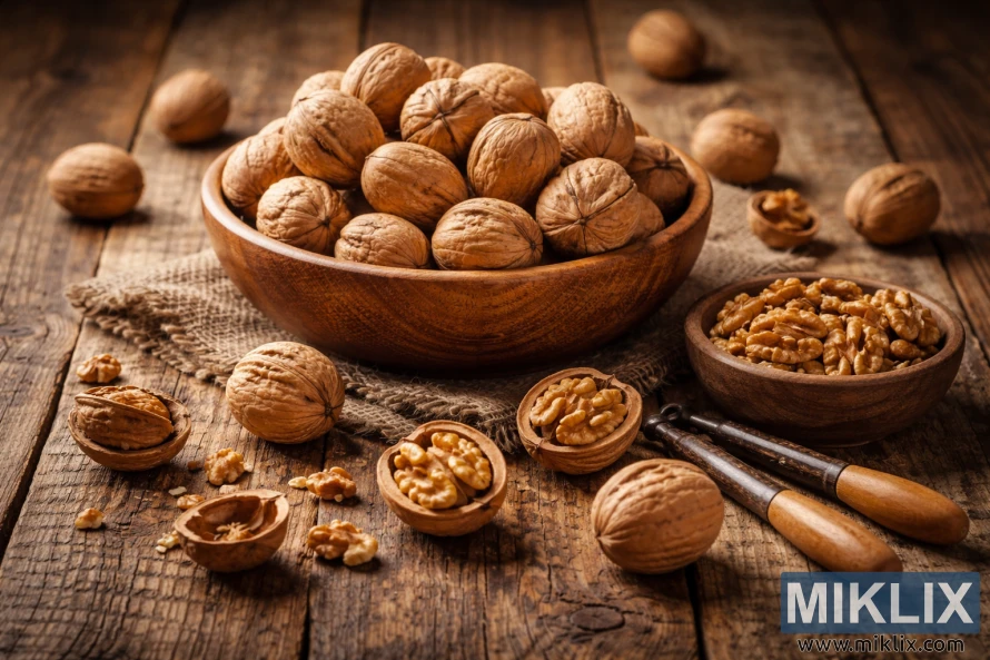 Vaizdas: Kaimiškas riešutmedžio natiurmortas ant medinio stalo - Miklix