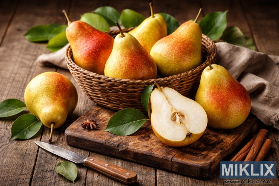 Image: Ripe Pears on a Rustic Wooden Table - Miklix