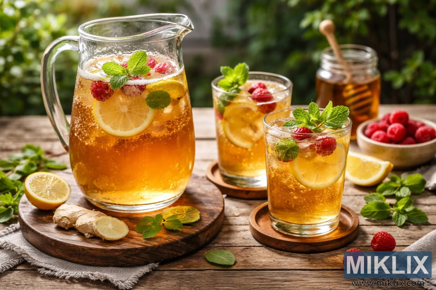 Image: Sunlit Kombucha on a Rustic Wooden Table - Miklix