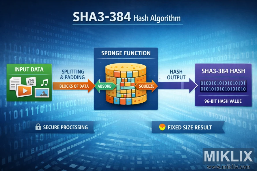 Slika: Vizualni pregled SHA3-384 algoritma za hashiranje - Miklix