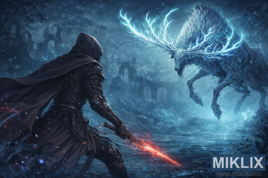 Image: Vue arrière du Sans-éclat face à l’Esprit Ancestral Royal - Miklix