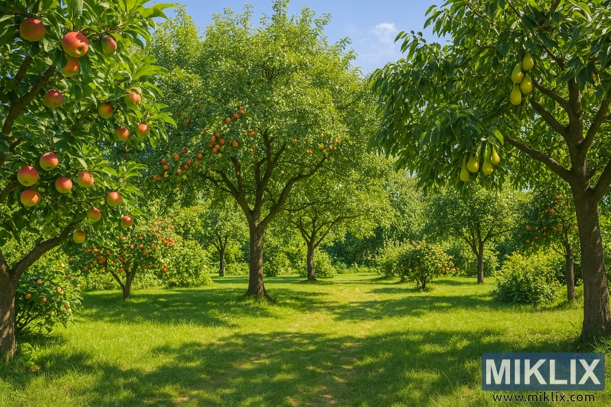 Kép: Napsütötte nyári gyümölcsös gyümölcsfákkal - Miklix