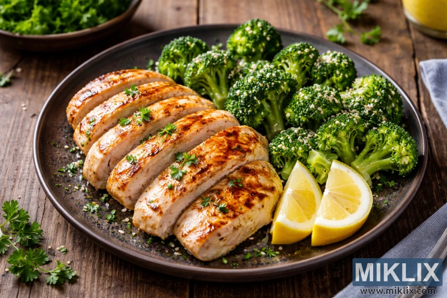 Larawan: Inihaw na Dibdib ng Manok na may Brokuli sa Rustic Wooden ...