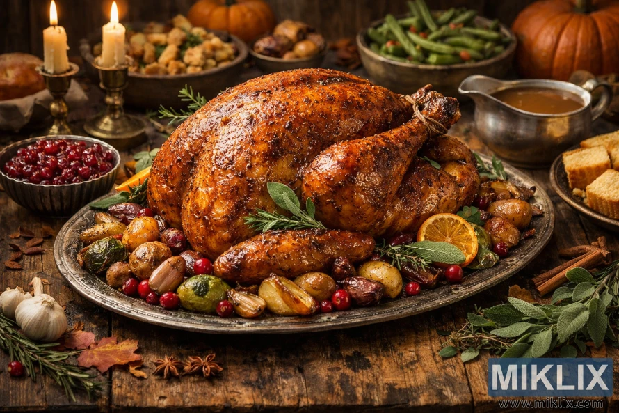 Image: Rustic Holiday Roast Turkey on Wooden Table - Miklix