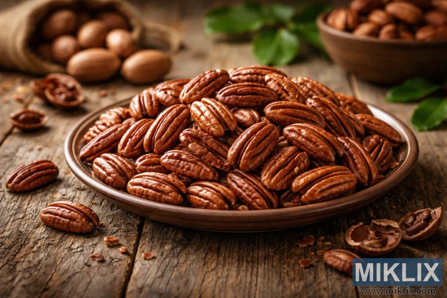 Image: Assiette rustique de pacanes sur une table en bois - Miklix