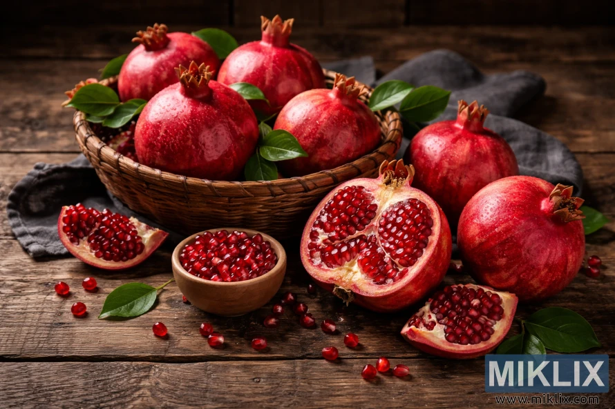 Image: Ripe Pomegranates on a Rustic Wooden Table - Miklix