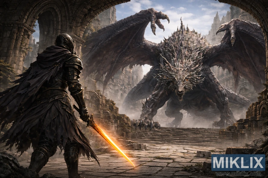 Image: Lone Knight Confronts a Colossal Wyvern in Ruined Cathedral - Miklix
