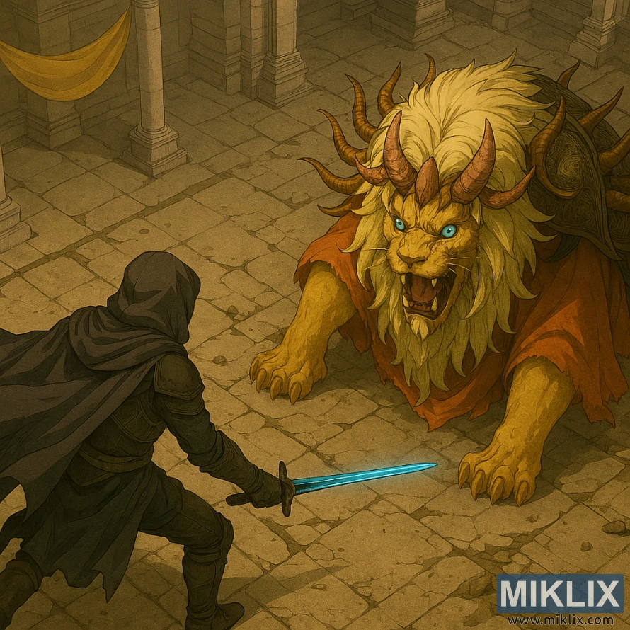 Image: Isometric Battle: Tarnished vs Dancing Lion - Miklix