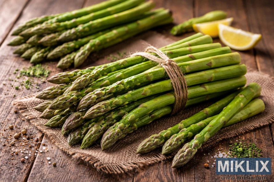Afbeelding: Verse groene asperges op een rustieke houten tafel - Miklix