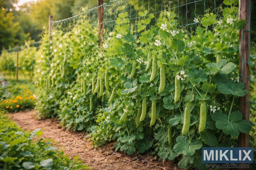 Image: Healthy Pea Plants Growing on a Garden Trellis - Miklix