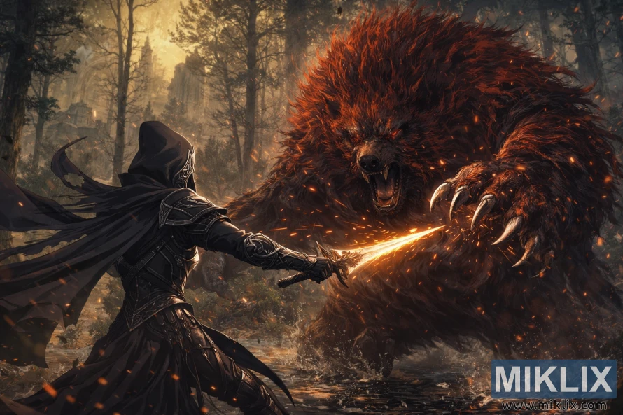Image: Black Knife Tarnished vs Ralva, the Great Red Bear - Miklix