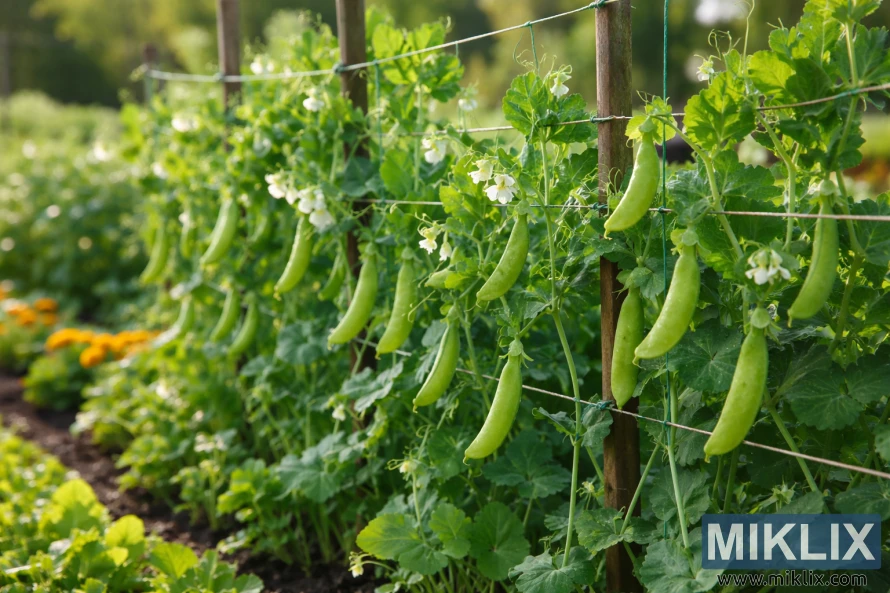 Image: Snow Peas Growing on a Garden Trellis - Miklix