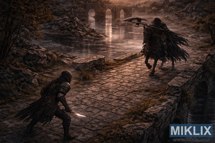 Image: Isometric Standoff at Gate Town Bridge - Miklix