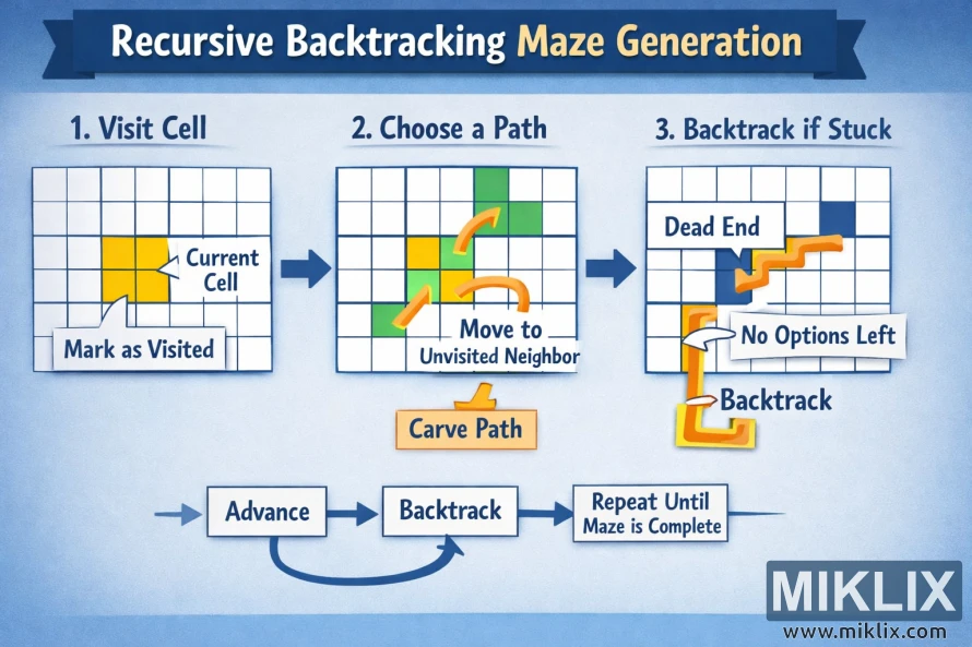 Image: Recursive Backtracker Maze Generation – Visual Overview - Miklix