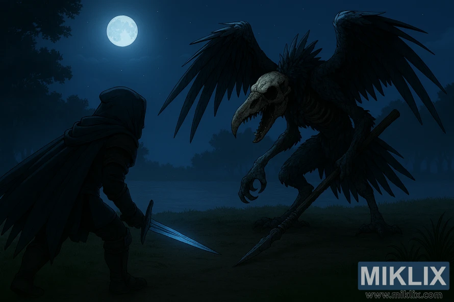 Immagine: Moonlit Standoff: Tarnished contro Deathbird - Miklix