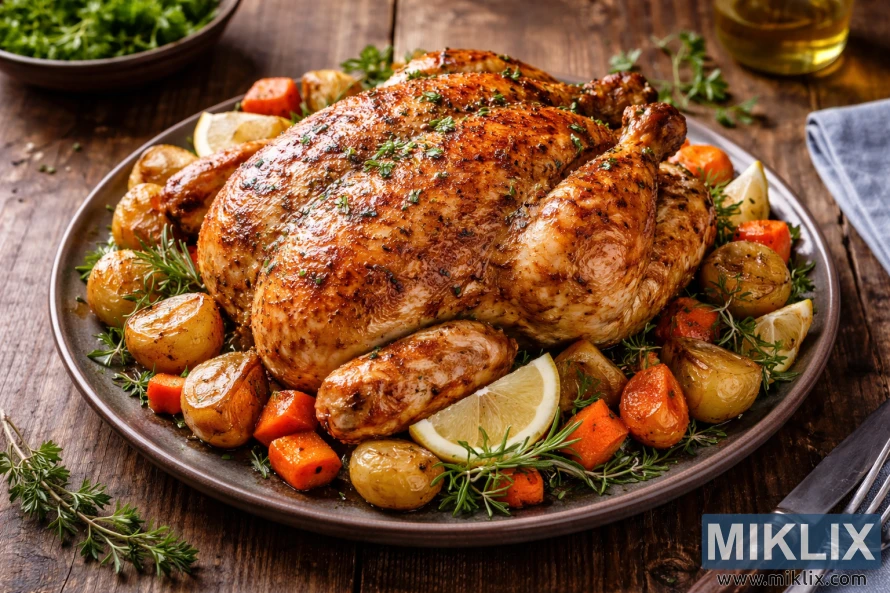 Larawan: Buong Inihaw na Manok na may mga Herbs sa Rustic Wooden Table ...