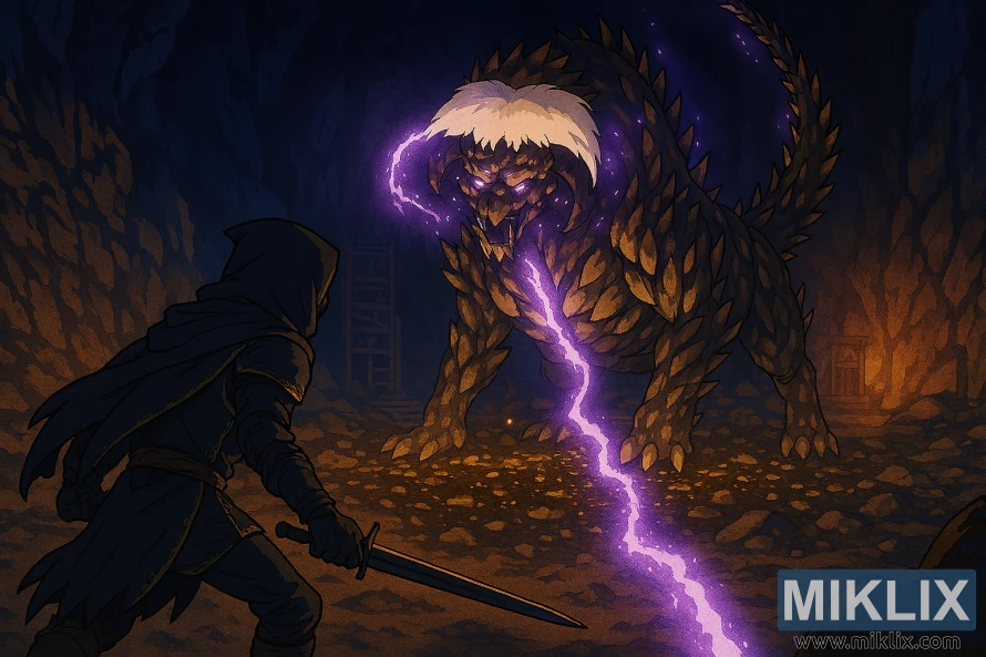 Image: Tarnished vs Fallingstar Beast in Sellia Tunnel - Miklix