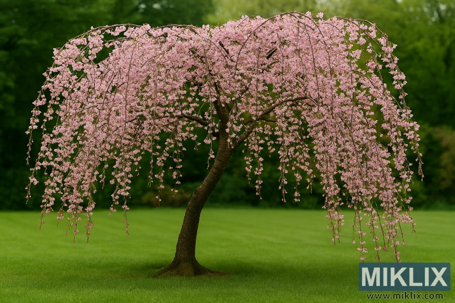 Image: Higan Weeping Cherry in Spring Bloom - Miklix